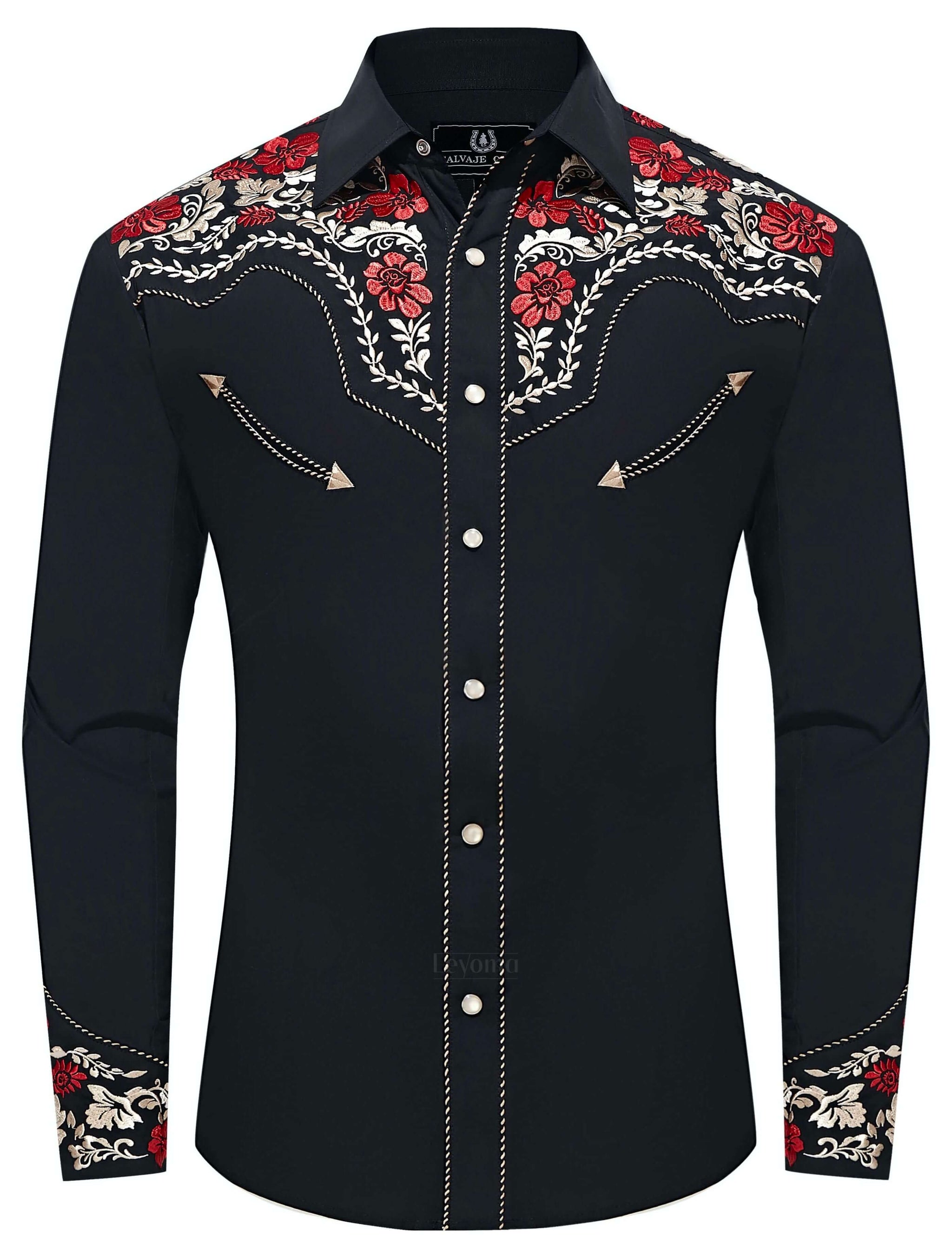 Men’s Black & Red Floral Embroidered Western Pearl Snap Cowboy Shirt ...